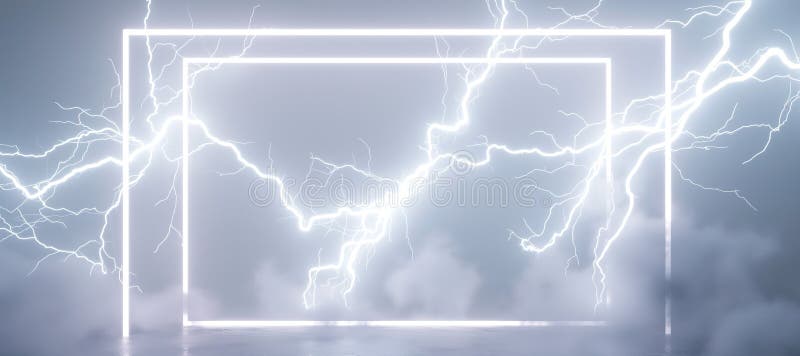 Neon Light Rectangle Box Frame with Electric White Lightning and Smoke ...