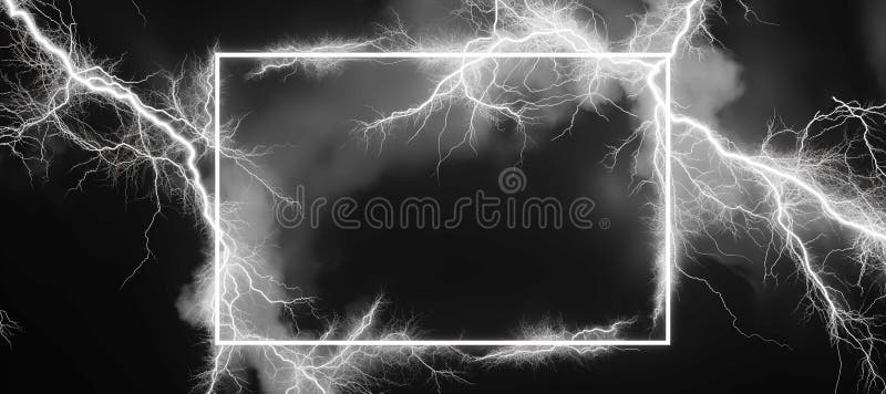 Neon Light Rectangle Box Frame with Electric White Lightning and Smoke ...