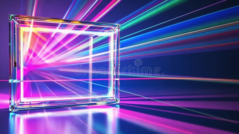 Neon Light Shining through Glass Cube on Reflective Surface Stock Video ...