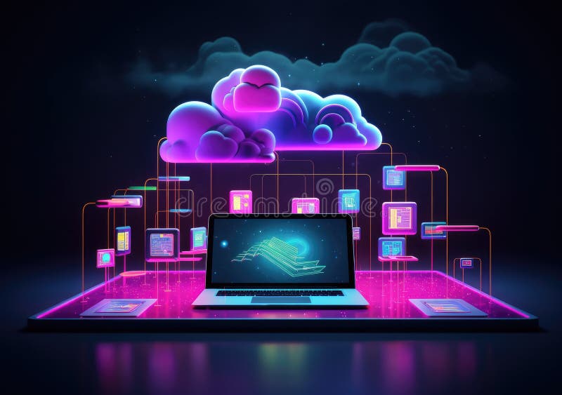 Neon Light Showing Cloud Computing on Tablet Computer Neon Light ...