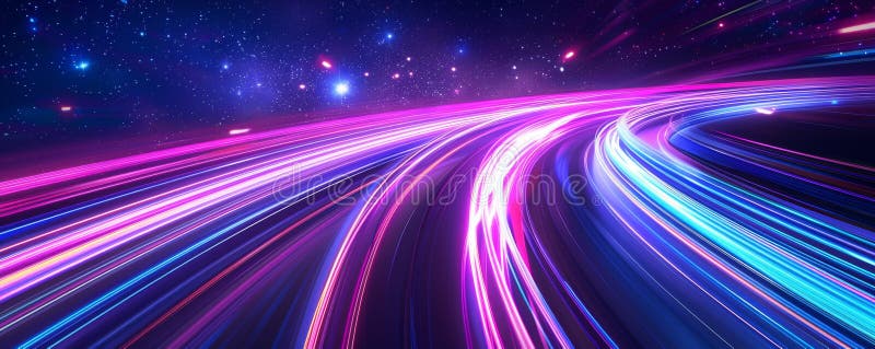 Neon Light Trails Under Starry Sky, Futuristic Digital Concept Stock ...