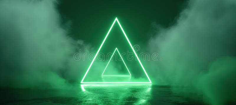 Neon Light Triangle Line Frame Background with Green Glowing Smoke ...