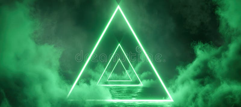 Neon Light Triangle Line Frame Background with Green Glowing Smoke ...