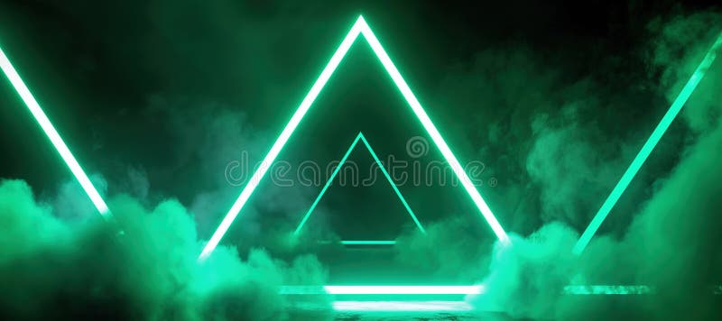 Neon Light Triangle Line Frame Background with Green Glowing Smoke ...