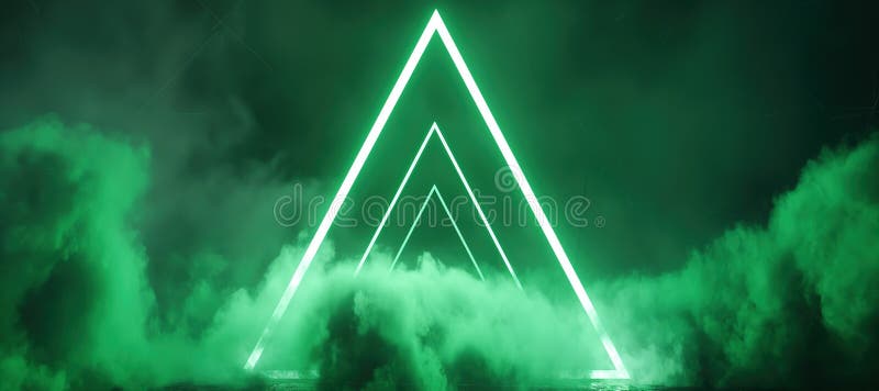 Neon Light Triangle Line Frame Background with Green Glowing Smoke ...