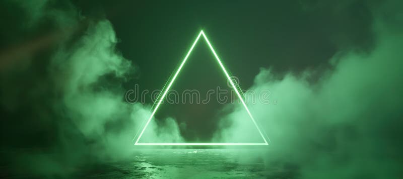 Neon Light Triangle Line Frame Background with Green Glowing Smoke ...