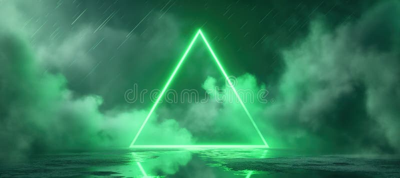 Neon Light Triangle Line Frame Background with Green Glowing Smoke ...
