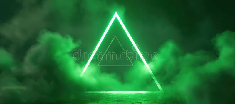 Neon Light Triangle Line Frame Background with Green Glowing Smoke ...