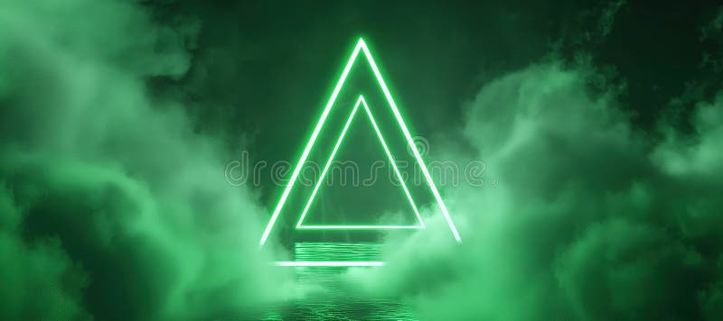 Neon Light Triangle Line Frame Background with Green Glowing Smoke ...