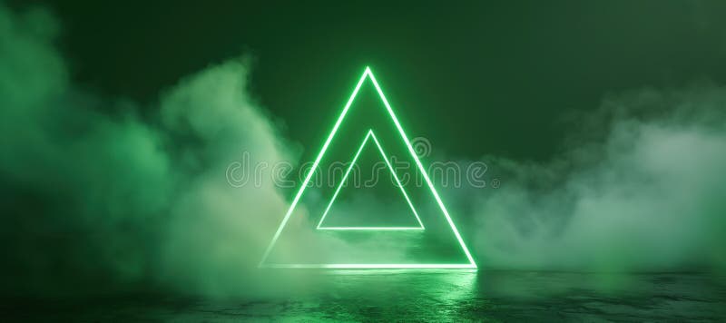 Neon Light Triangle Line Frame Background with Green Glowing Smoke ...