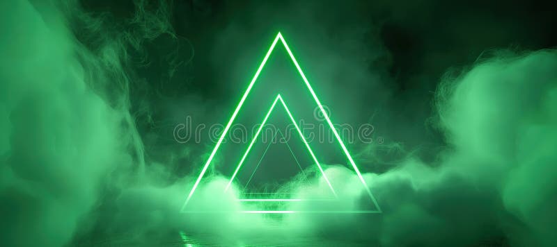 Neon Light Triangle Line Frame Background with Green Glowing Smoke ...