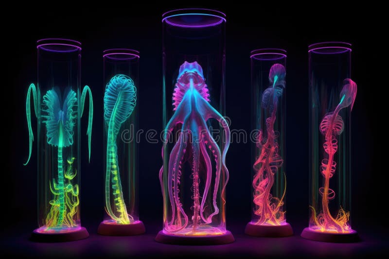 Neon Light Tubes Mimicking Deep-sea Creatures Stock Illustration ...