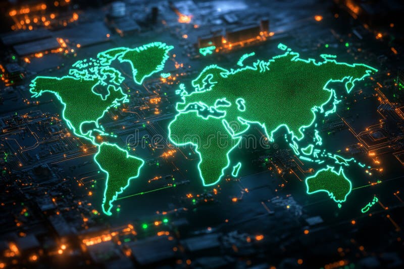 Globe Bright Green Digital World Map Dark Background Stock Photos ...