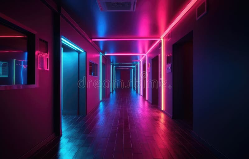 Neon Lighted Hallway with Maroon and Azure Elements for a Simplified ...