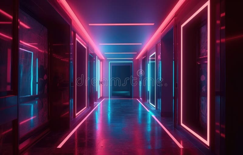 Neon Lighted Hallway with Maroon and Azure Elements for a Simplified ...