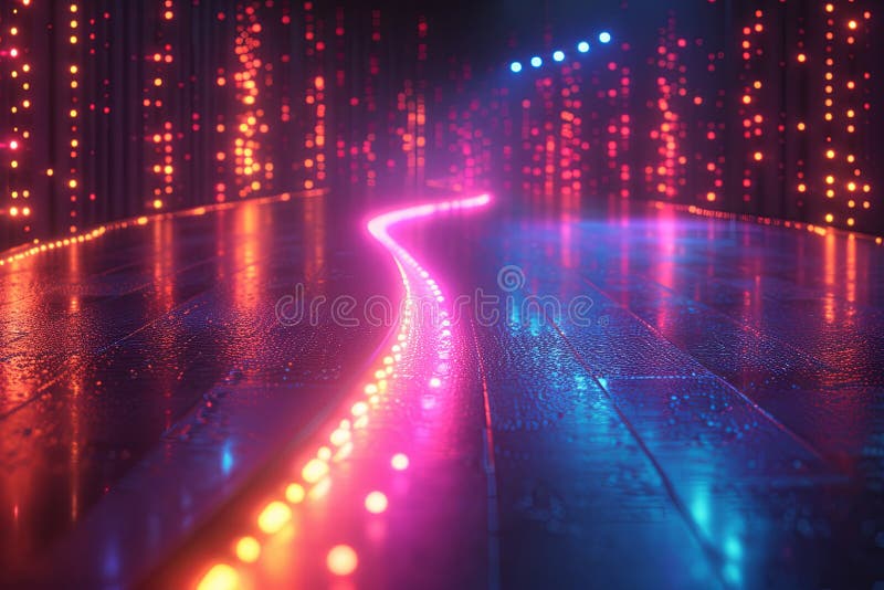 Neon Lighted Road with a Bright Blue Line. the Road is Lit Up with a ...