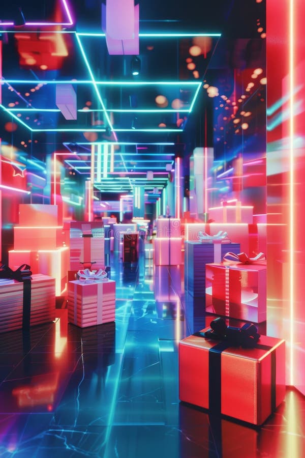 A Neon Lighted Room with Many Red Boxes Stock Illustration ...