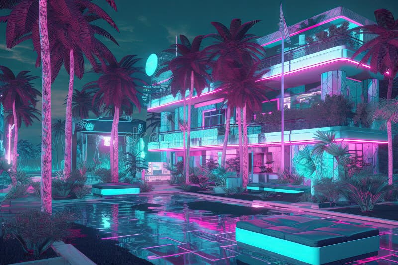 Neon Lightened Hotel Lobby in Synthwave Style. Blue and Purple Hotel ...