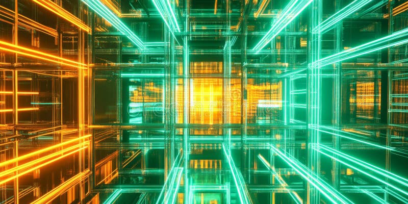 A Neon Lighting Background Featuring a Complex Grid of Neon Green and ...