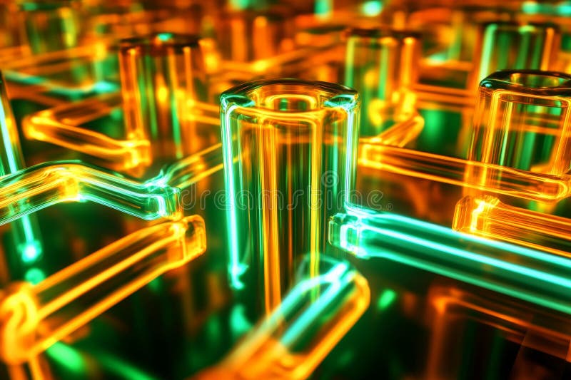 A Neon Lighting Background Featuring a Maze of Glowing Green and Orange ...
