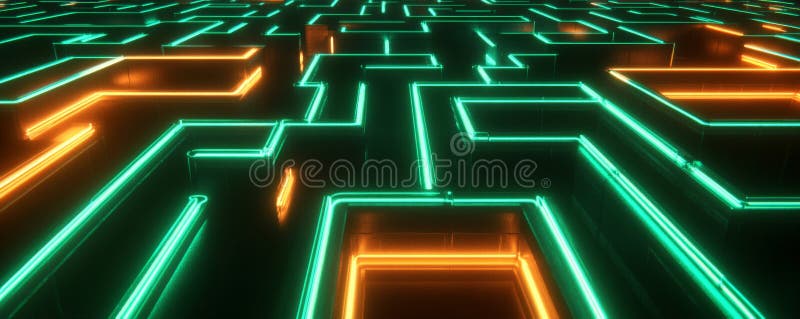 A Neon Lighting Background Showcasing a Labyrinth of Glowing Green and ...
