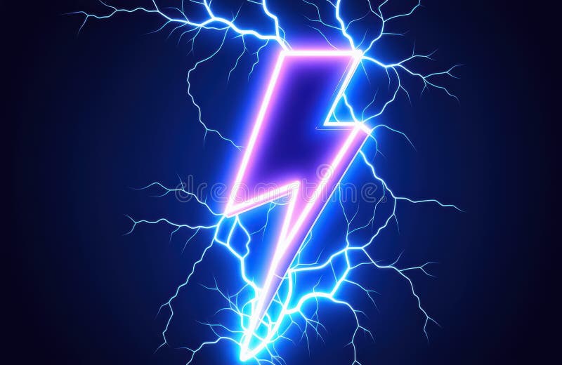 Neon Lightning Bolt with Electric Blue Sparks on Black Background. AI ...