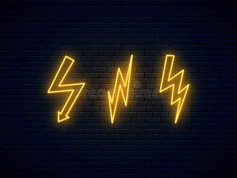 Neon Lightning Bolt Set. High-voltage Thunderbolt Neon Symbol Stock ...