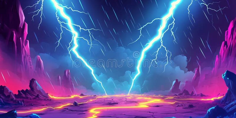 Neon Lightning Storm Over Alien Landscape High Quality Image Stock ...