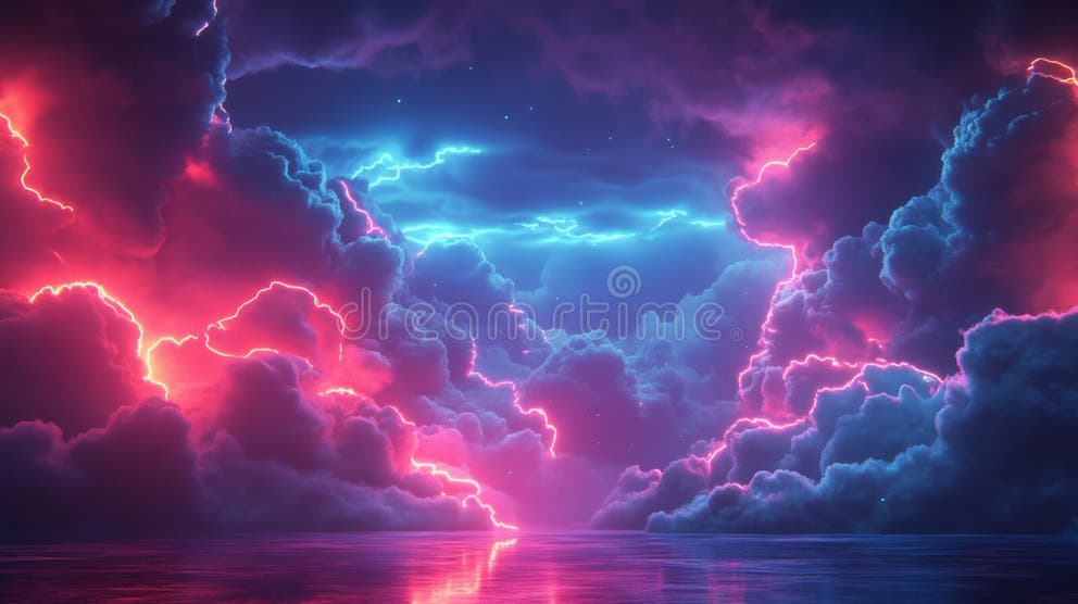 Neon Lightning Strikes Dramatic Cloudscape Over Ocean Stock ...