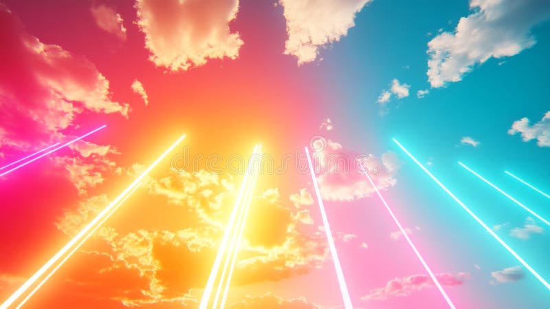 Neon Lights Ascending through Colorful Sky Clouds Stock Illustration ...
