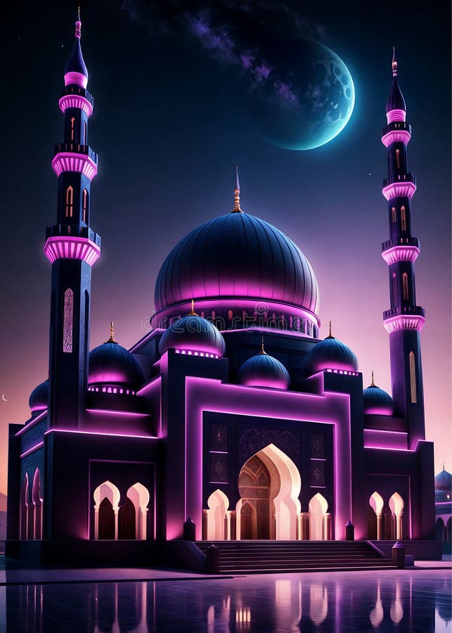 Neon Lights Beautiful Mosque Stock Illustration - Illustration of ...