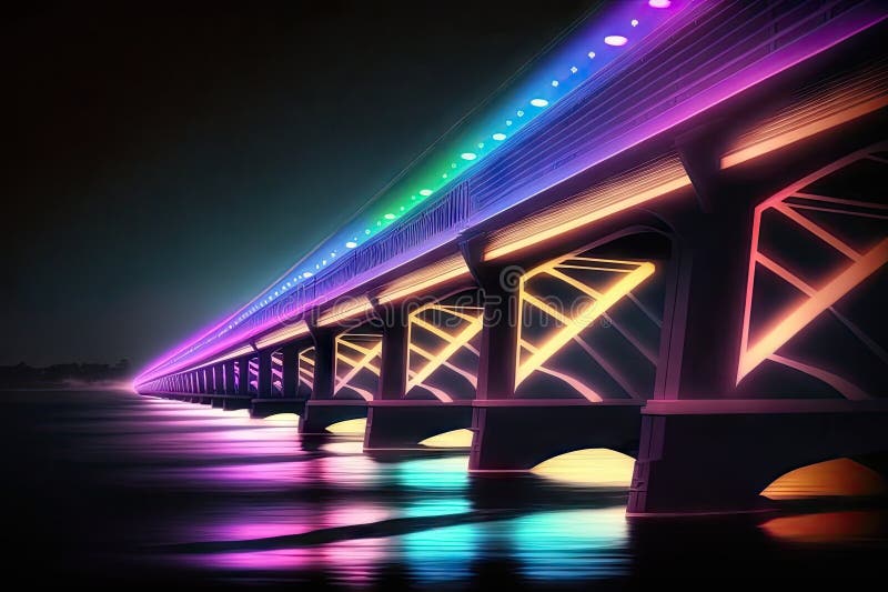 Neon Lights on the Bridge, Reflecting on the Water Below Stock ...
