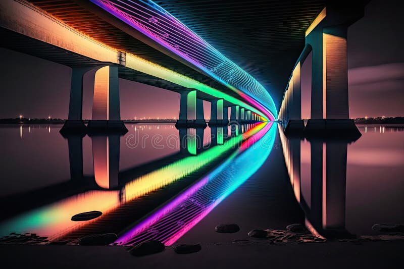 Neon Lights on the Bridge, Reflecting on the Water Below Stock ...