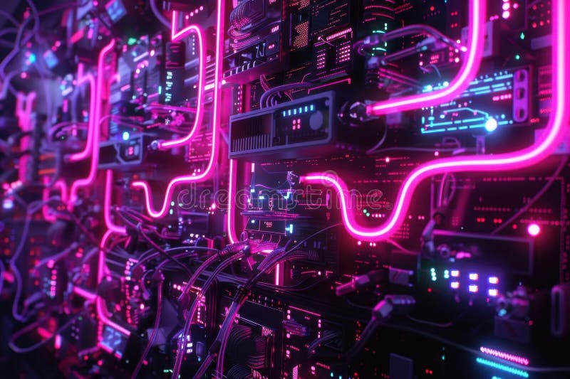Neon Lights and Circuitry, a Futuristic Tech Scene Stock Illustration ...
