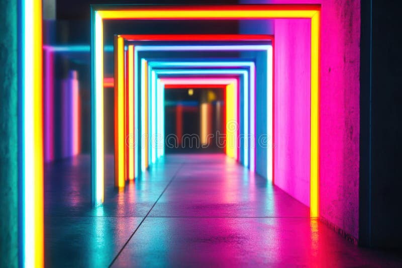 Neon Lights Create Abstract Art in a Hallway, Illuminating a Path ...