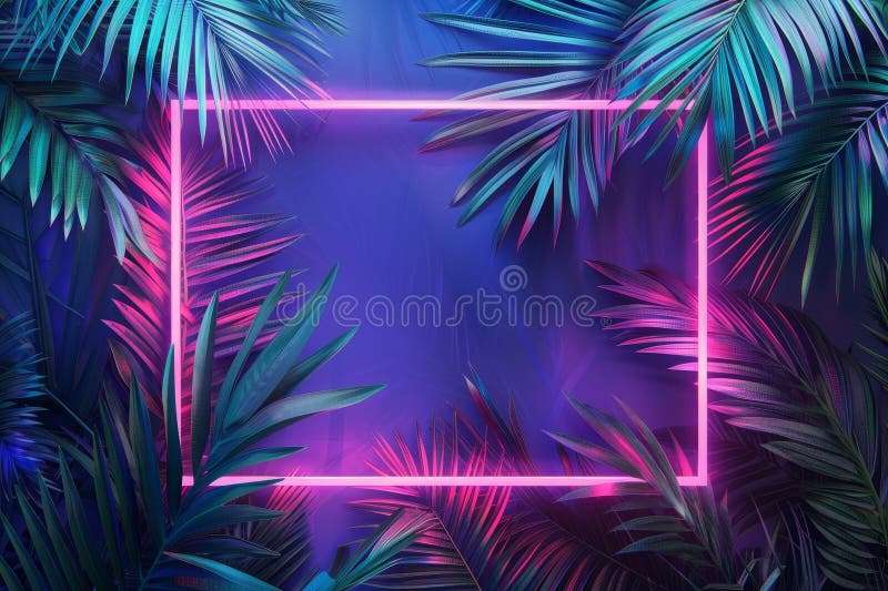 Neon Lights Frame a Textured Blue Surface, with Tropical Leaves Casting ...