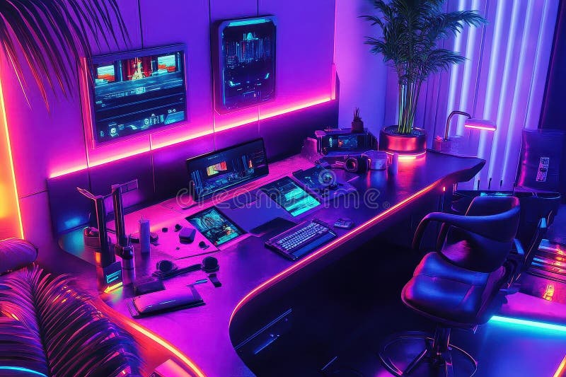 Neon Lights and Futuristic Desk Setup for a Gamer S Dream Stock ...