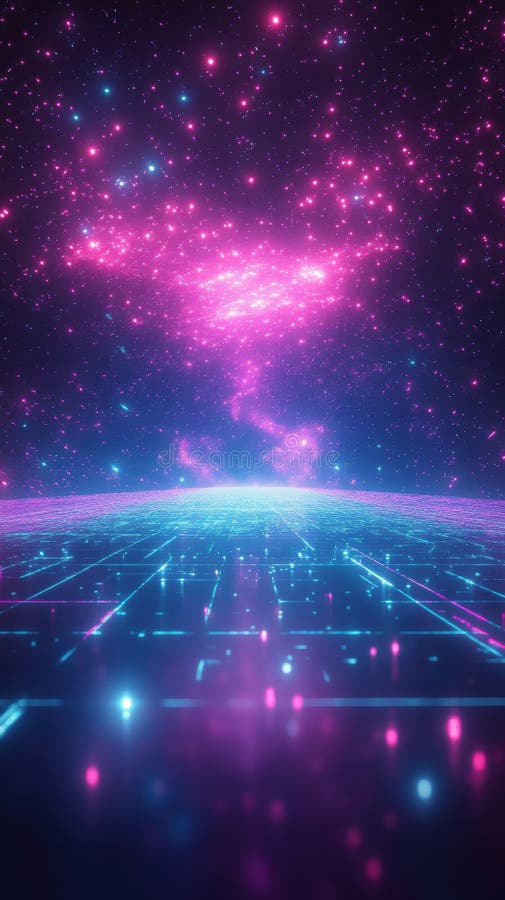 Neon Lights and Grid Pattern in a Starry Sky Stock Illustration ...