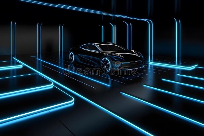 Neon Lights Grunge Sci Fi Garage with Car. Neural Network AI Generated ...