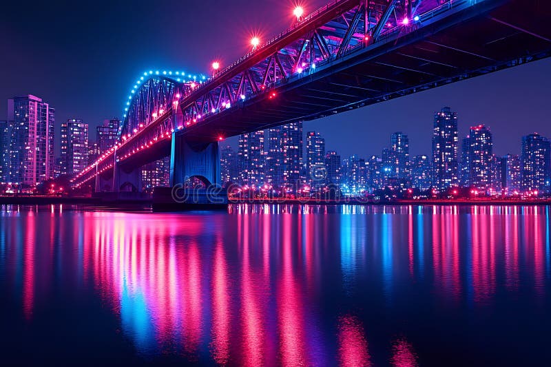 Neon Lights Illuminate a Bridge and Cityscape at Night Stock ...