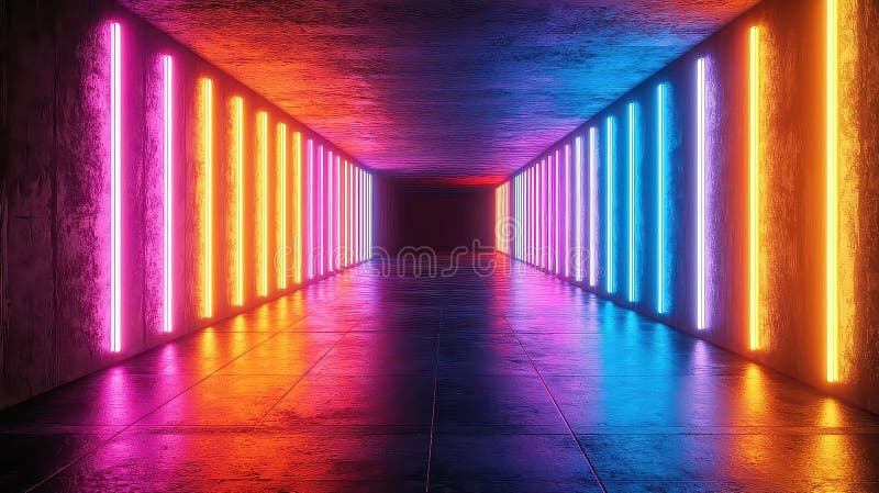 Neon Lights Illuminate a Concrete Corridor, a Glowing Path in the Dark ...