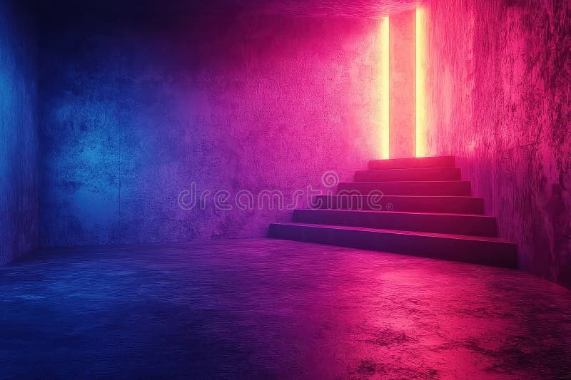 Neon Lights Illuminate Concrete Stairs in Abstract Room Stock ...