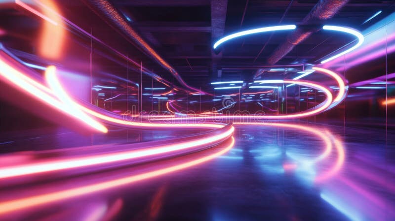 Neon Lights Illuminate a Curved Path in a Reflective Room Stock ...