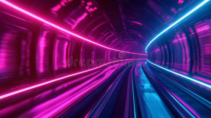 Neon Lights Illuminate a Curved Tunnel Path Stock Illustration ...