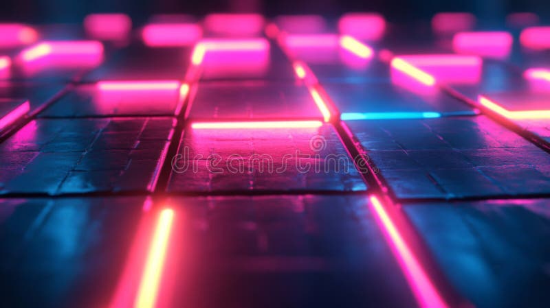 Neon Lights Illuminate Dark Metallic Tiles Floor Stock Illustration ...