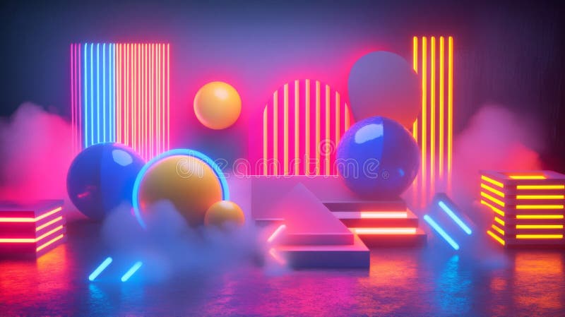 Neon Lights Illuminate Geometric Shapes and Spheres Stock Illustration ...