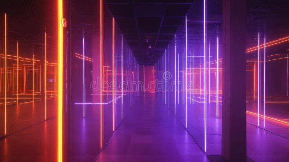 Neon Lights Illuminate Mirror Corridor, Creating Psychedelic ...