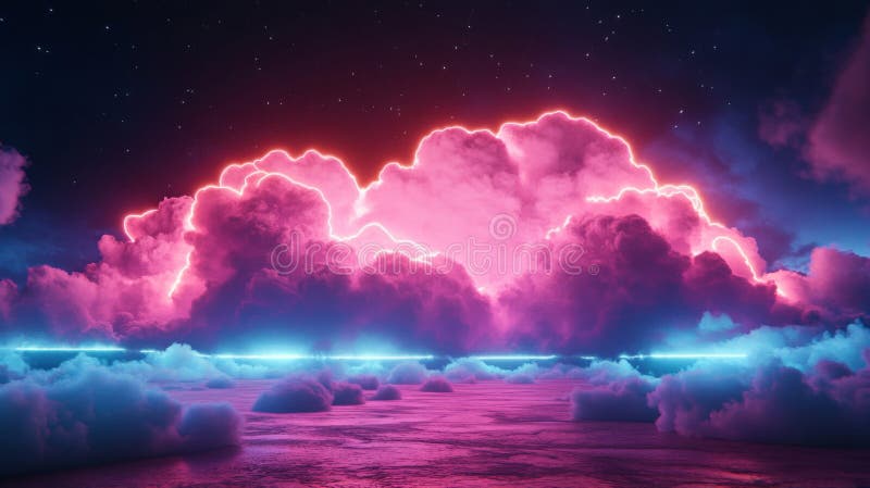 Neon Lights Illuminate Pink Cloudscape Over Ocean Stock Illustration ...