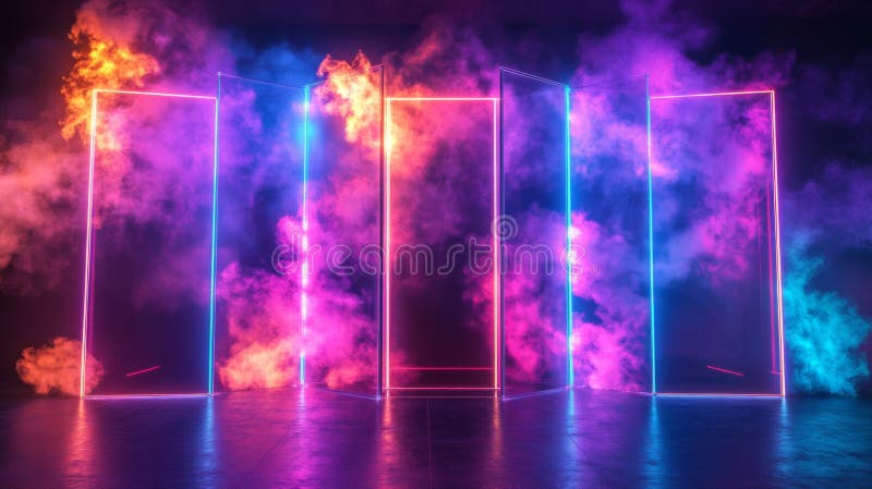 Neon Lights Illuminate Smoke Filled Glass Frames Stock Illustration ...