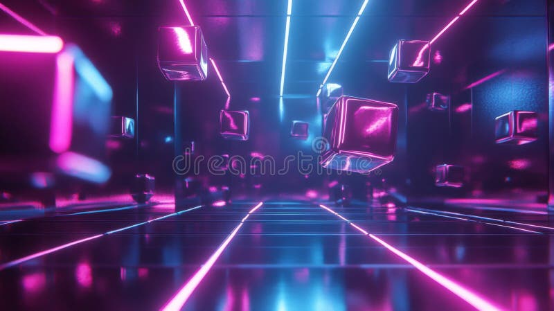 Neon Lights Illuminating Floating Cubes in a Reflective Room Stock ...